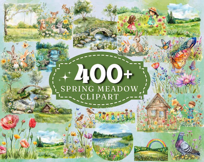 Spring Meadows Watercolor Clipart Bundle 400 Springtime Graphics Forest Images, Cozy Nature PNG ...
