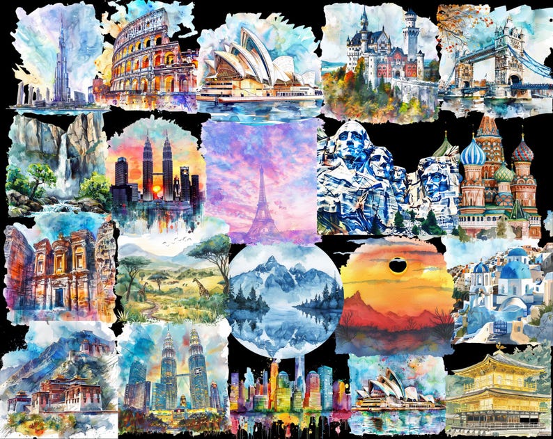 550 Landmarks Watercolor Clipart Bundle Iconic World Monument Images ...