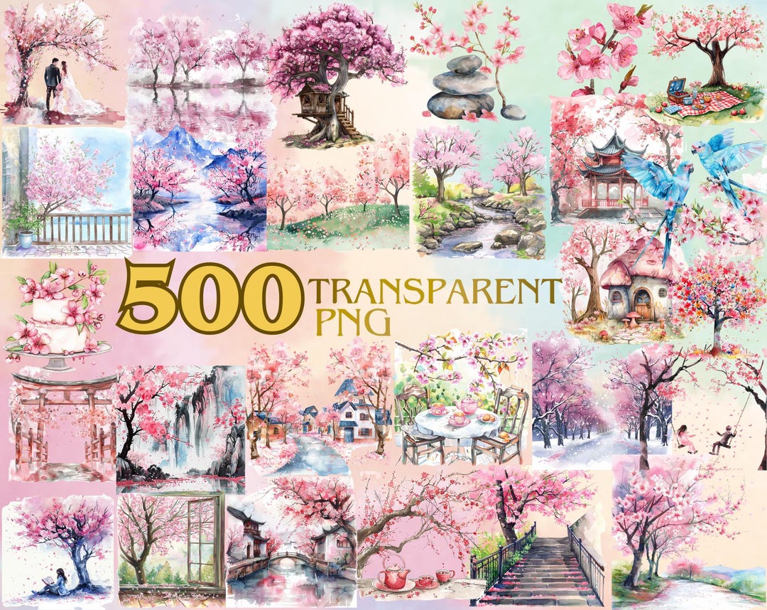 Cherry Blossoms Watercolor Clipart 500 PNG Bundle Sakura Flower Images ...