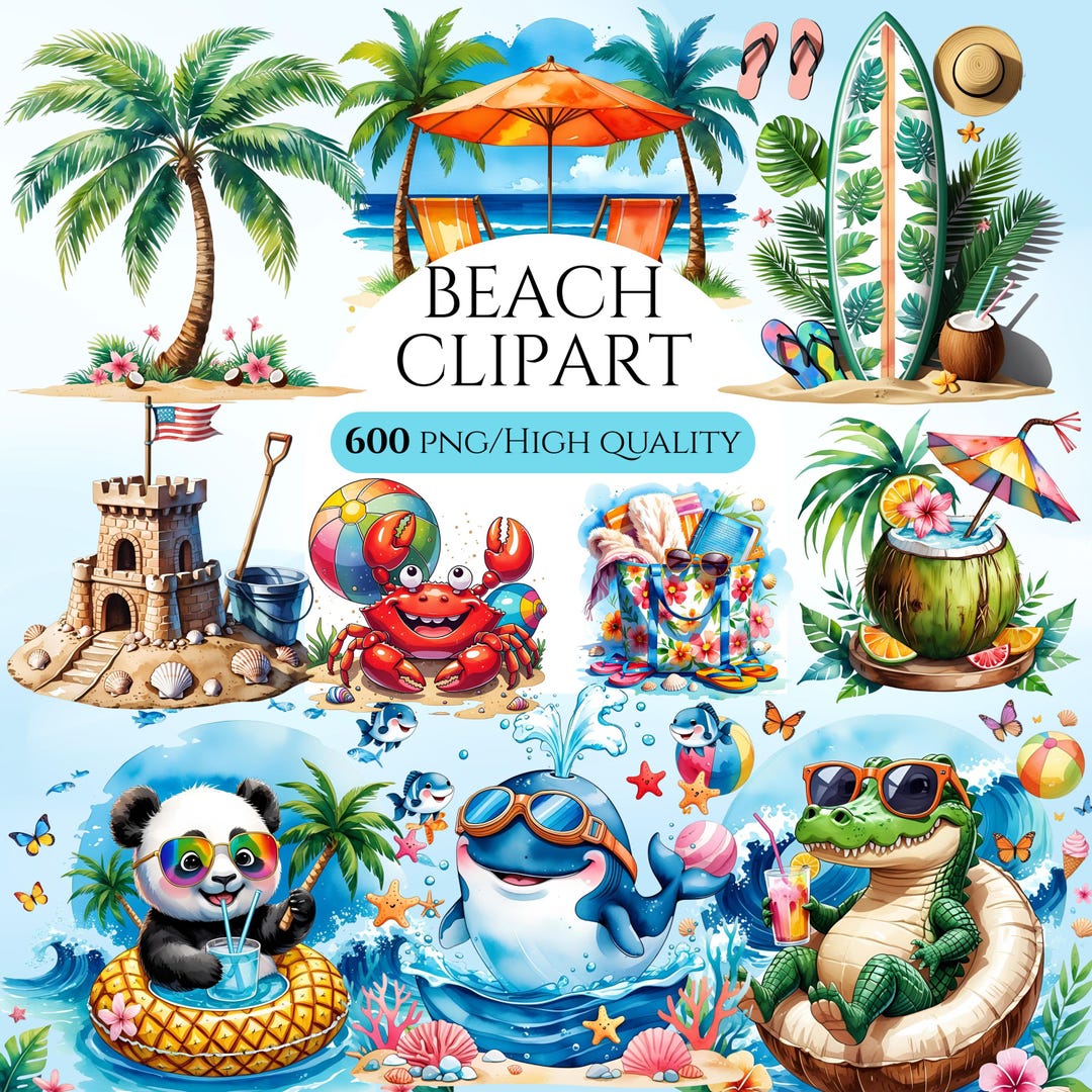 Beach Watercolor Clipart, Seaside Clipart, Beach Holiday Clipart ...