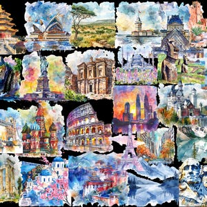 550 Landmarks Watercolor Clipart Bundle Iconic World Monument Images ...