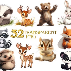 Woodland Animals Watercolor Clipart PNG, Cute Boho Baby Woodland ...