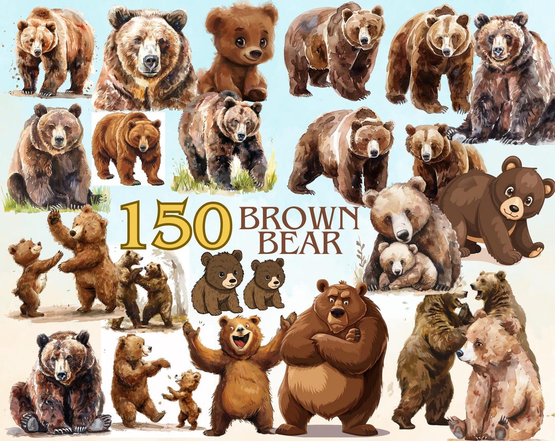 Brown Bears Watercolor Clipart Bundle Bear Grizzly Images, Wildlife ...