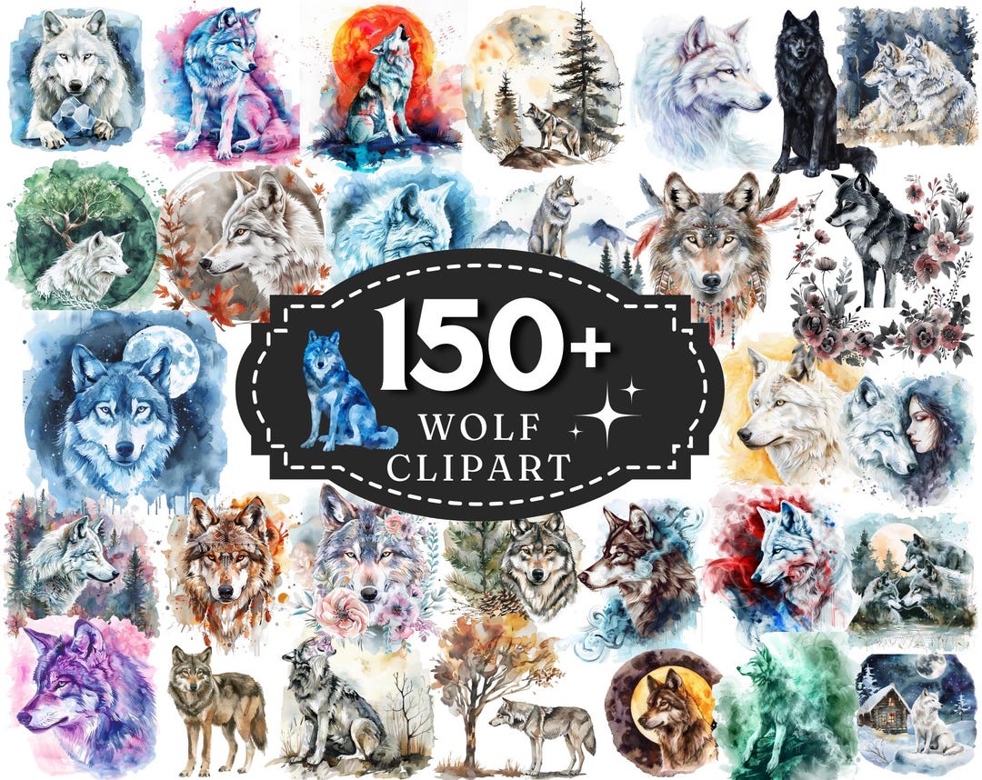 150 Wolves Watercolor Clipart Bundle PNG Wolf Fairytale Images, Cute ...