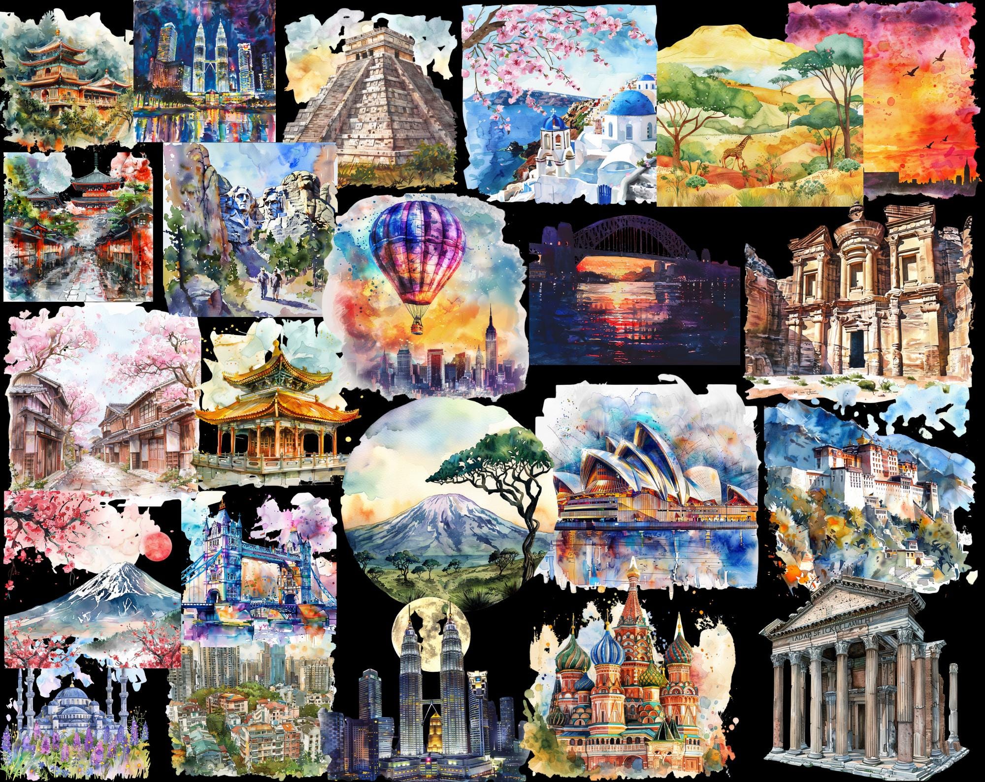 550 Landmarks Watercolor Clipart Bundle Iconic World Monument Images ...