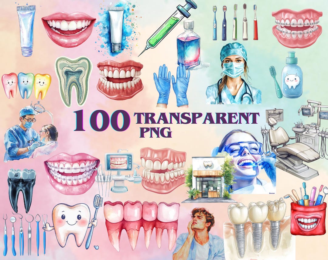 100 PNG Dentistry Watercolor Clipart Bundle, Dental Care Images, Oral ...
