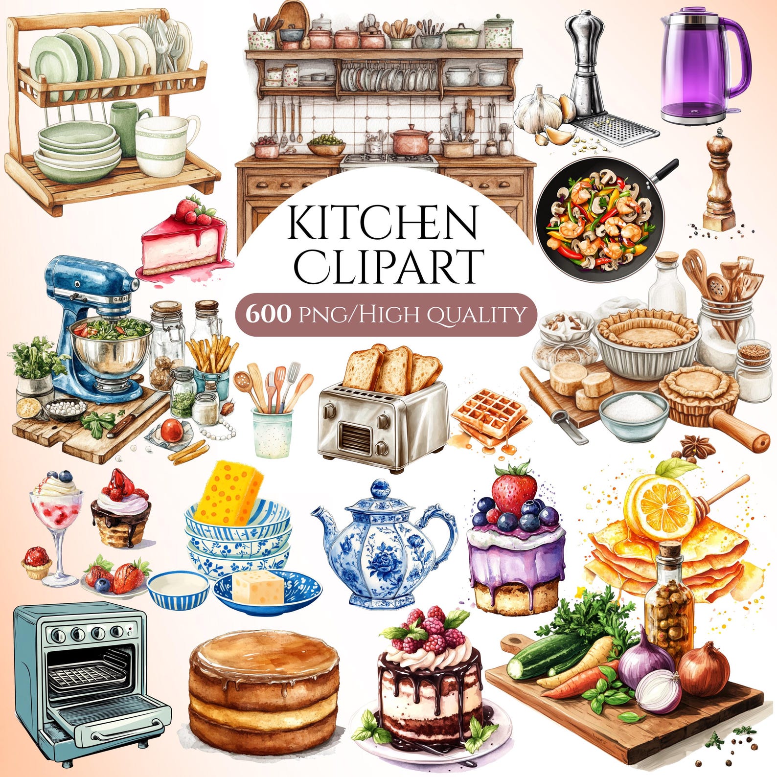 Watercolor Kitchen Clipart, Baking PNG, Cooking & Baking Clipart, Mom’s ...