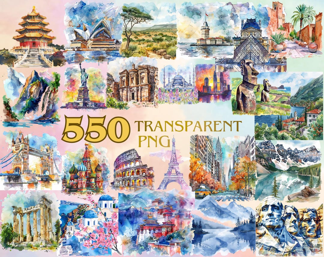 550 Landmarks Watercolor Clipart Bundle Iconic World Monument Images ...