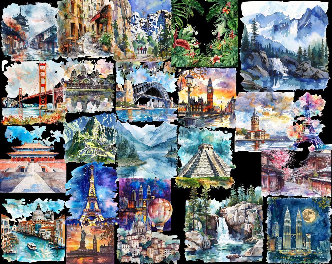 550 Landmarks Watercolor Clipart Bundle Iconic World Monument Images ...