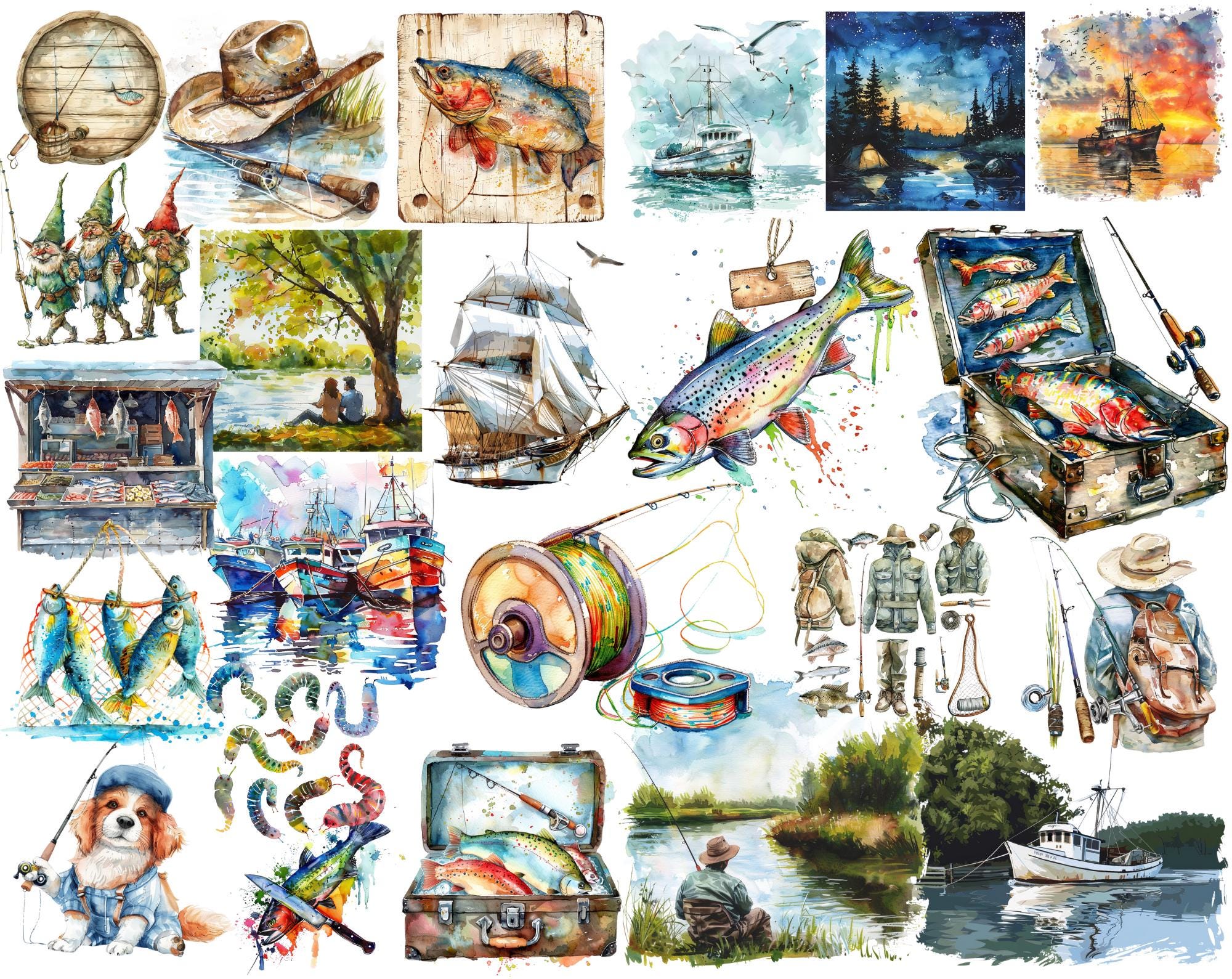 500 Fishing Watercolor Clipart Bundle PNG Angling Equipment Images ...
