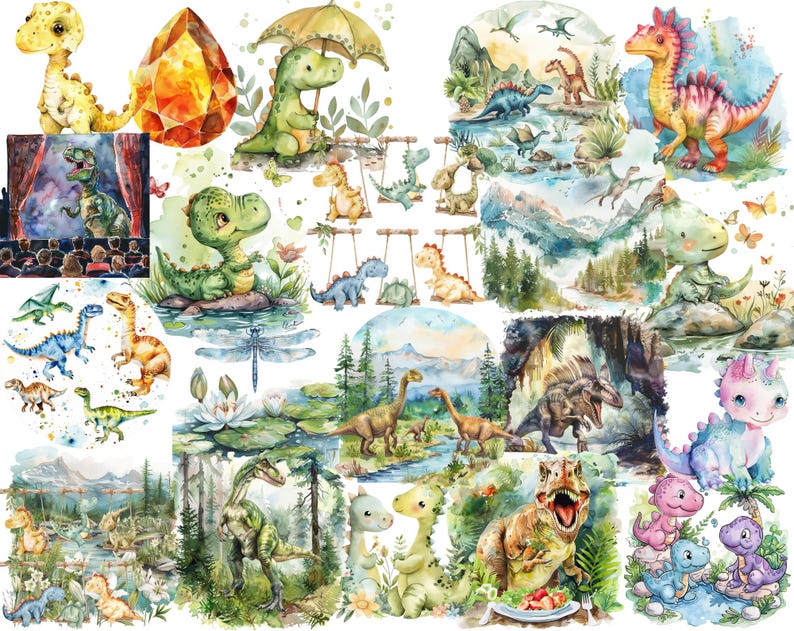 Dinosaur Watercolor Clipart Bundle, Cute Dinosaur Clipart, Baby ...