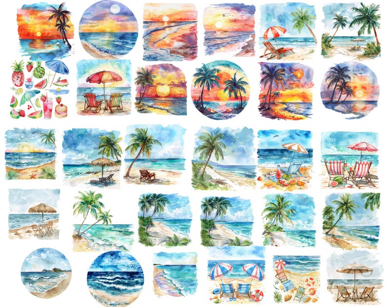 250 PNG Watercolor Tropical Beach Clipart, Summer Beach Clip Art ...