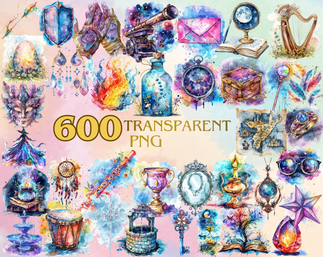 Magical Items Watercolor Clipart Bundle 600 PNG Enchanted Object Images ...