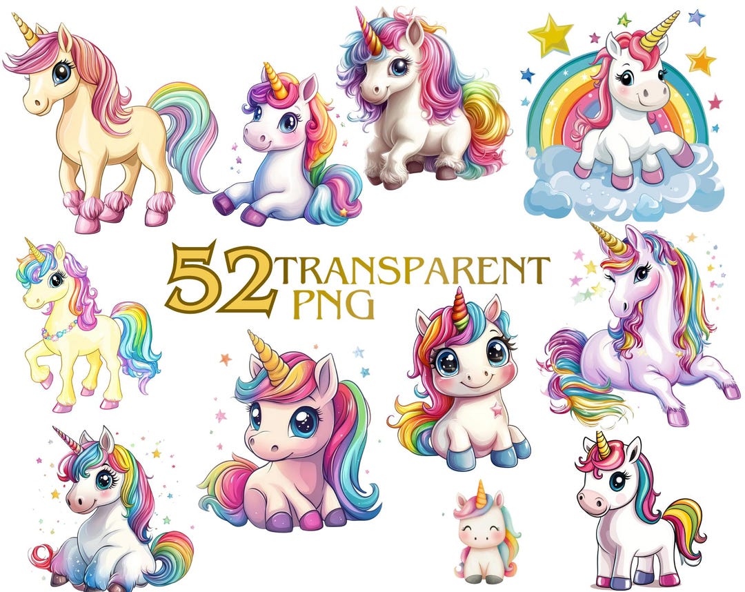 Baby Unicorn Collection Clipart, 52 PNG Cute Unicorn Clipart, Rainbow ...