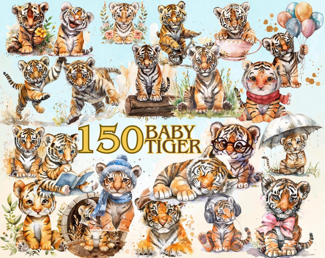 150 Baby Tigers Watercolor Clipart Magical Enchanting Cub Illustrations ...