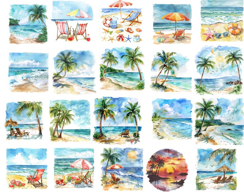 250 PNG Watercolor Tropical Beach Clipart, Summer Beach Clip Art ...