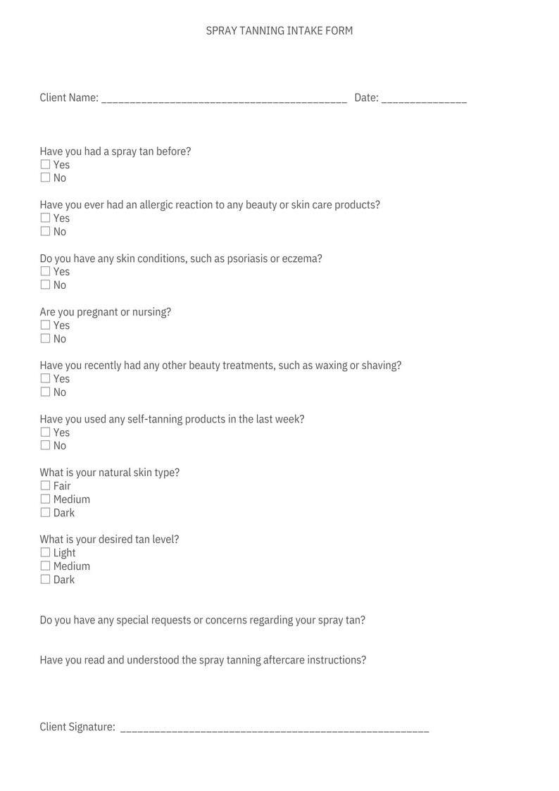 Spray Tan Training Manual Intake Form - Etsy