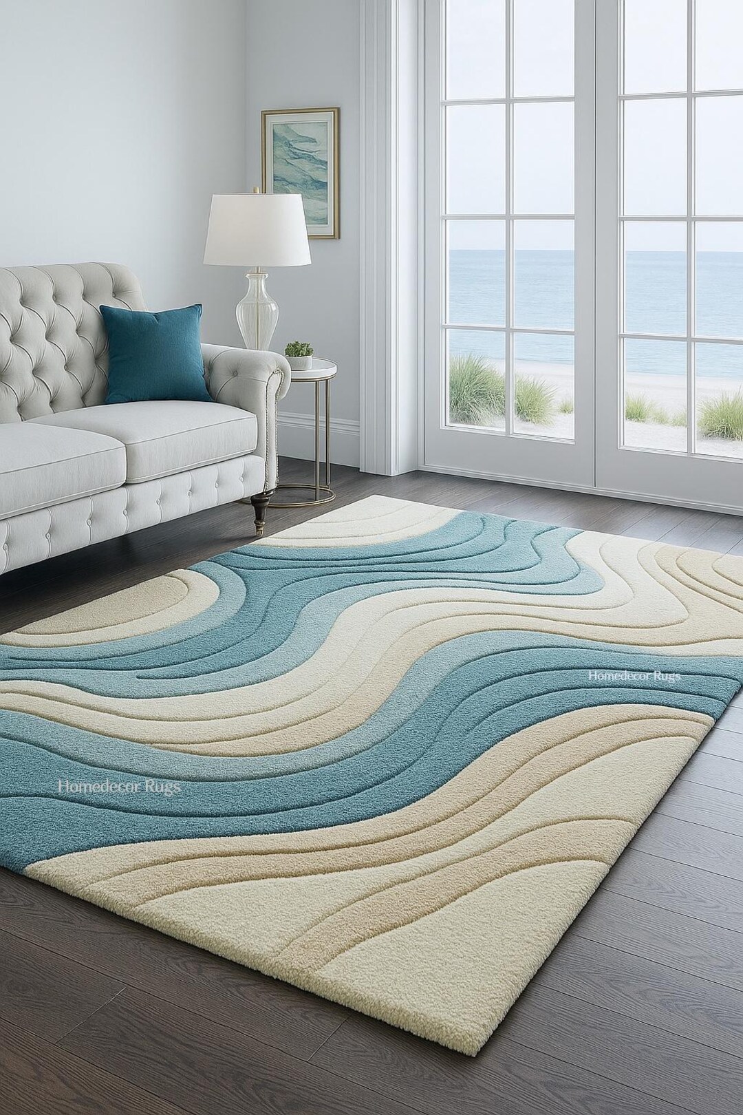 Handmade Abstract Wave Area Rug – Ocean-inspired Coastal Carpet in Teal ...