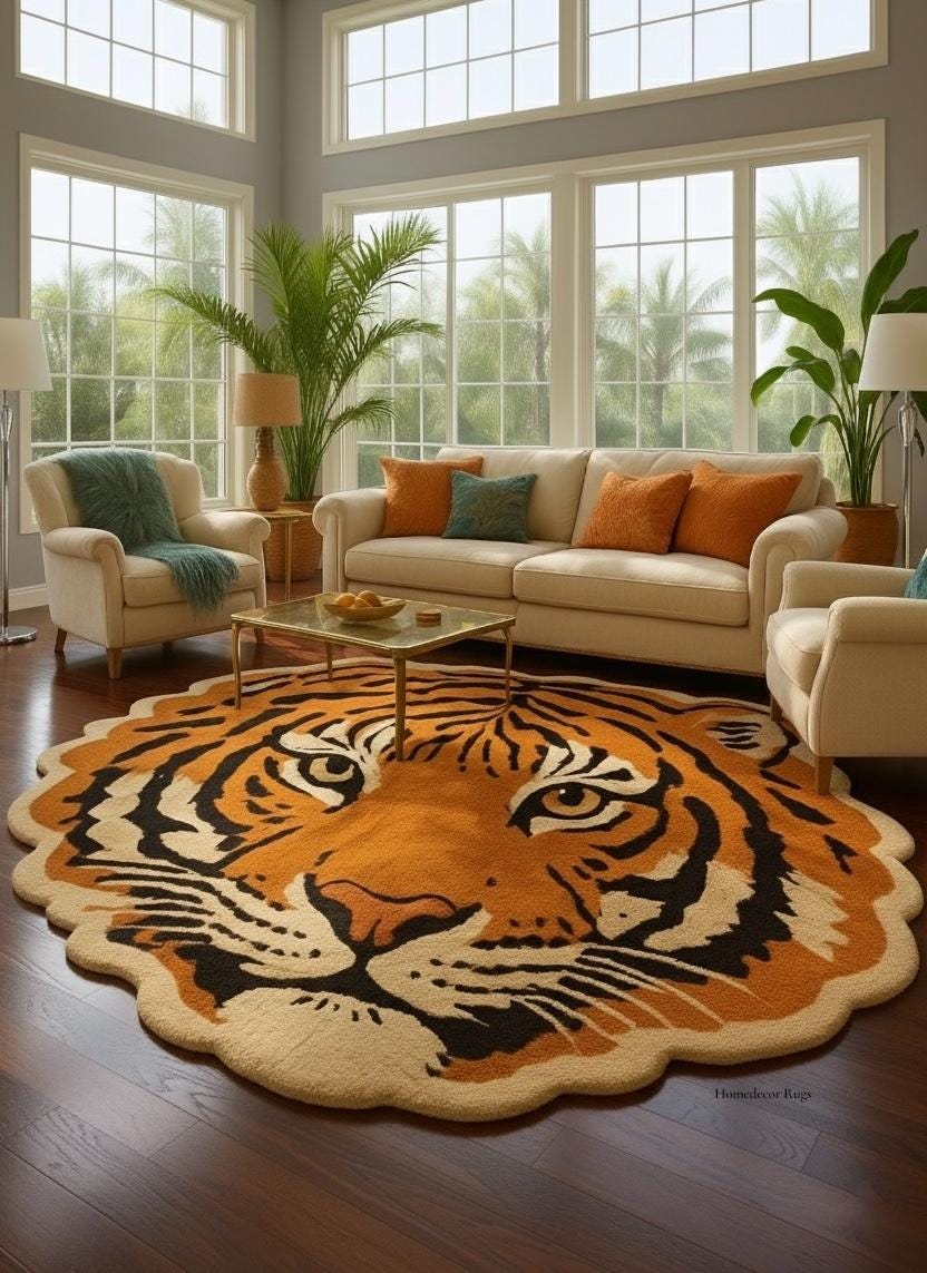 Hand Tufted Tiger Face Rug - Bold Animal Handmade Wool Carpet | Unique ...
