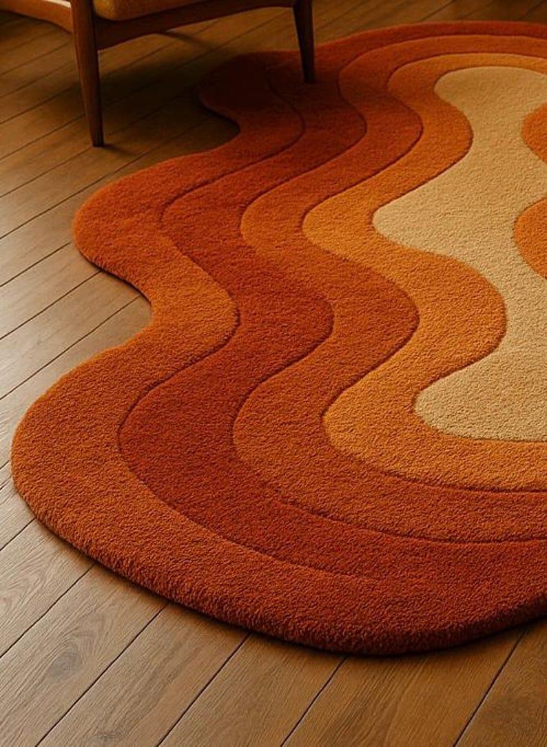 Retro Sunset Wavy Rug - Handmade Freeform Mid Century Style Wool Carpet ...