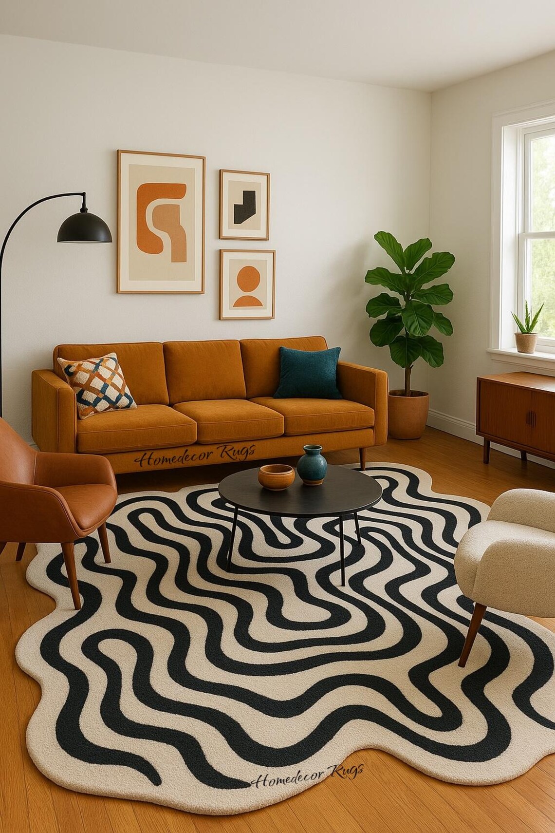 Organic Wavy Black & White Rug – Handmade Tufted Monochrome Area Carpet ...