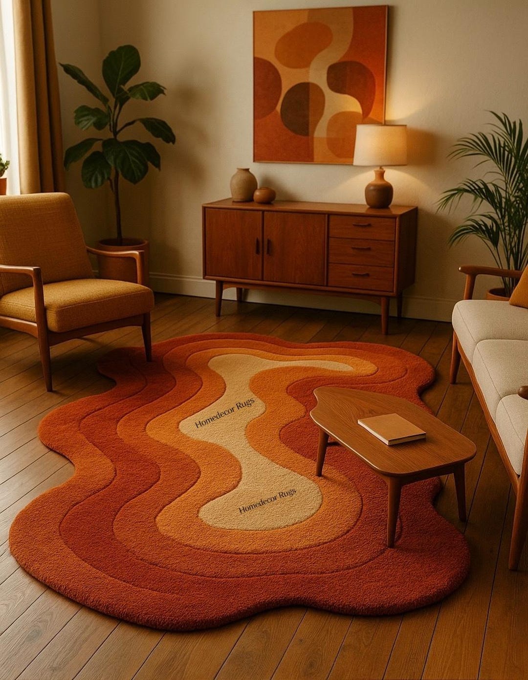 Retro Sunset Wavy Rug - Handmade Freeform Mid Century Style Wool Carpet ...