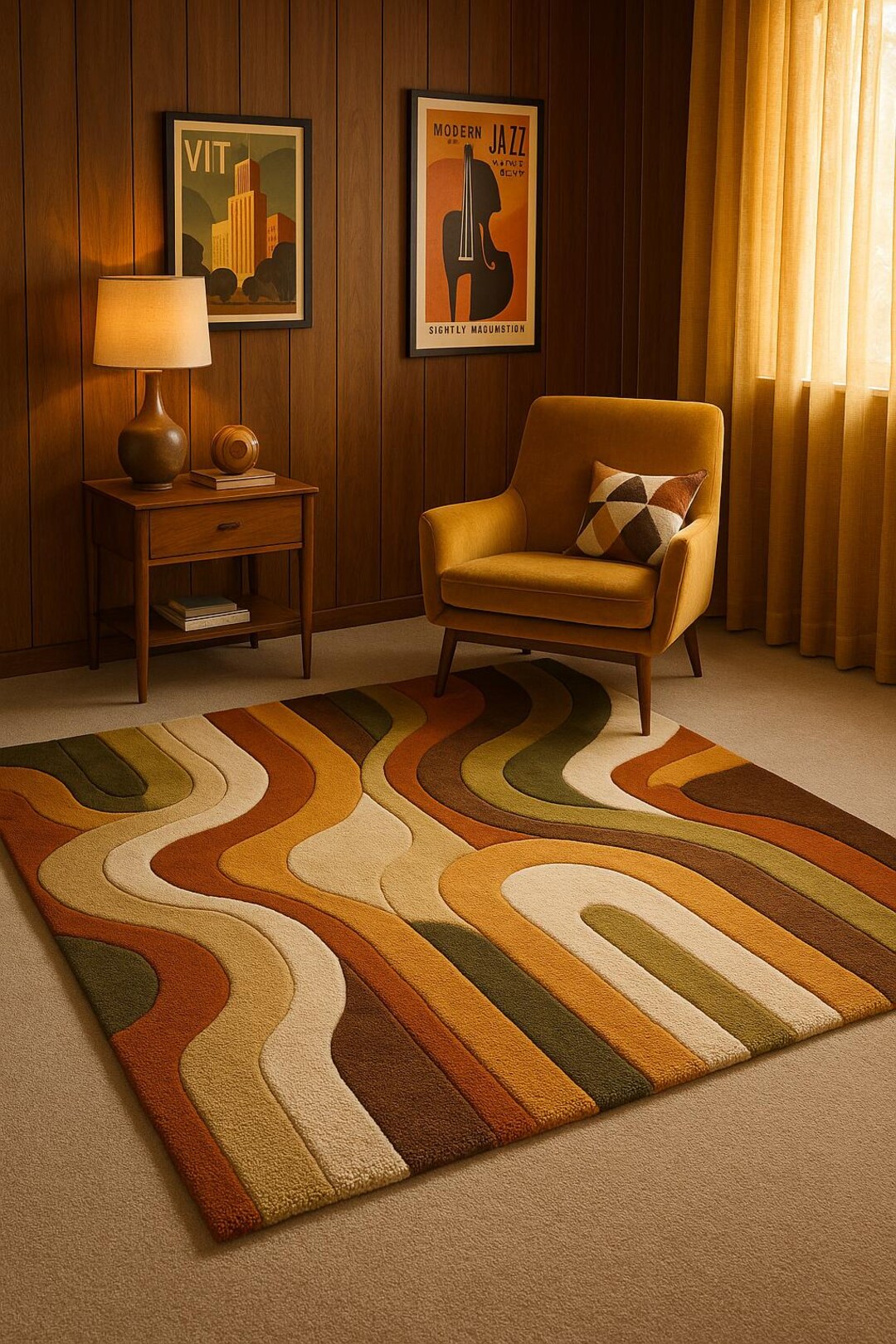 Retro Mid Century Shag Rug – 70s Geometric Orange, Mustard & Olive Wool ...