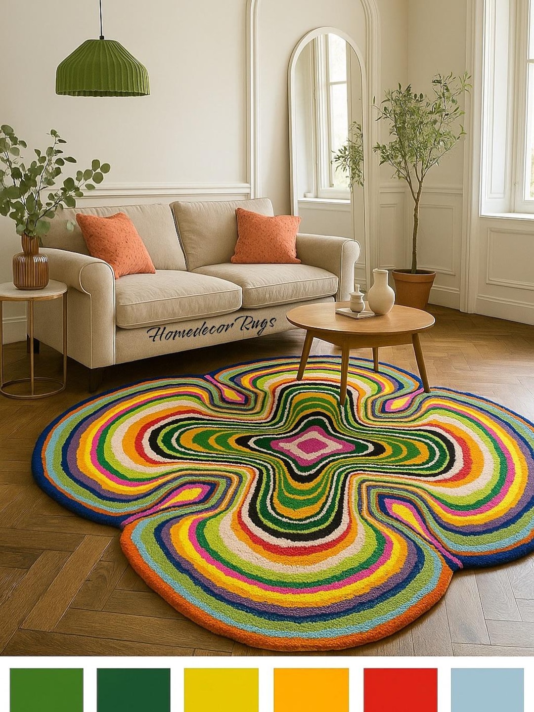 Retro Wavy Wool Rug, Hand Tufted Abstract Irregular Carpet in Colorful ...