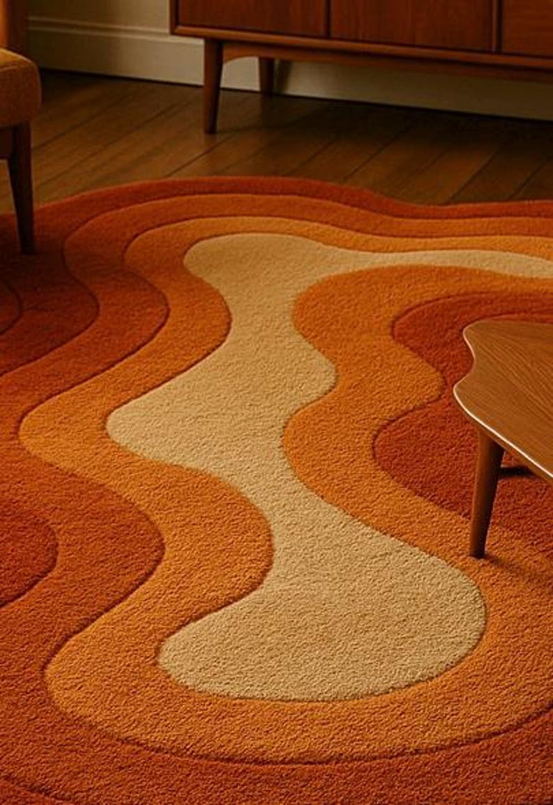 Retro Sunset Wavy Rug - Handmade Freeform Mid Century Style Wool Carpet ...