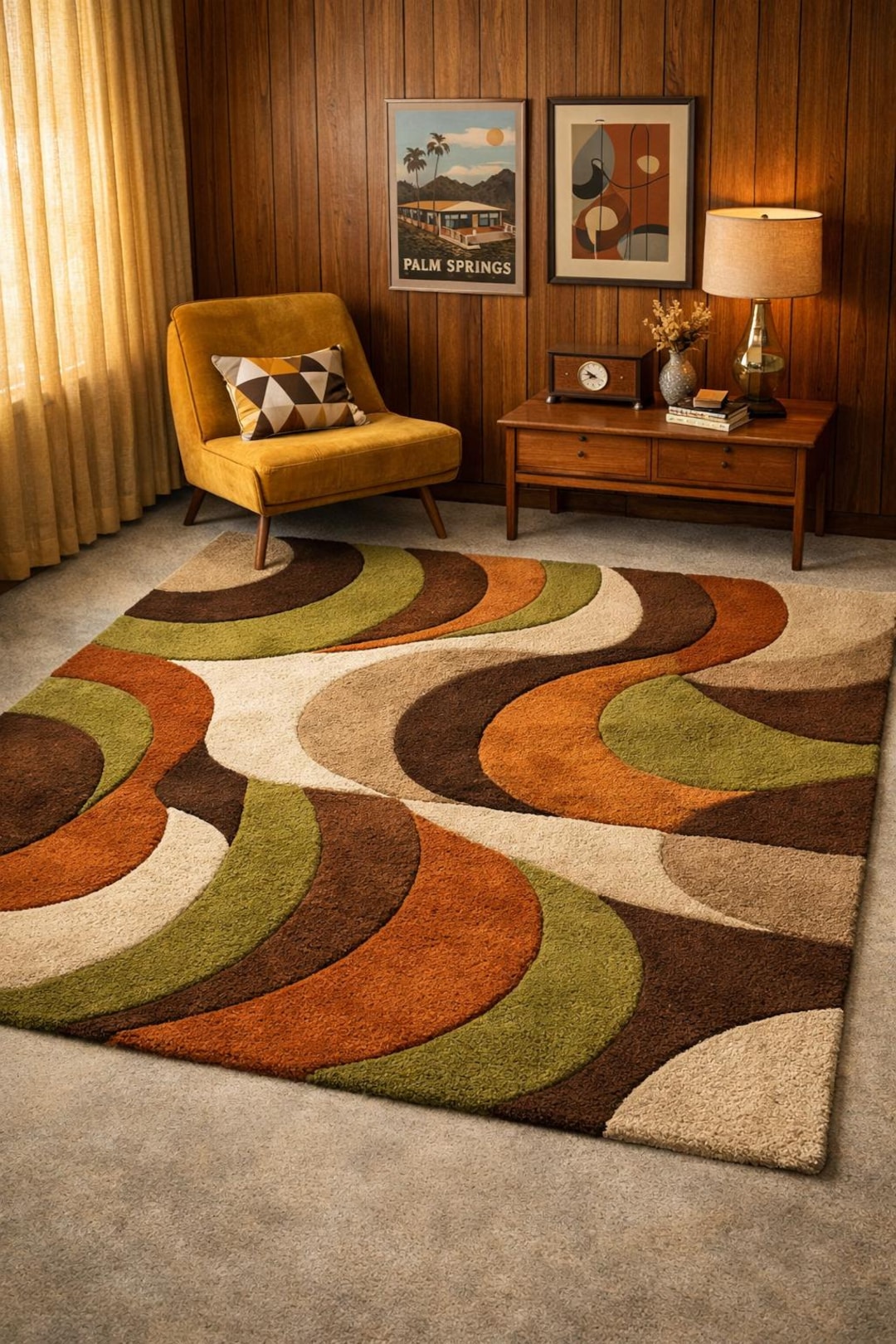Retro 70s Wave Shag Rug – Abstract Brown, Orange & Yellow Wool Area Rug ...