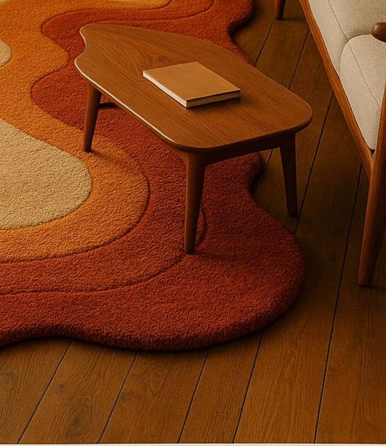 Retro Sunset Wavy Rug - Handmade Freeform Mid Century Style Wool Carpet ...