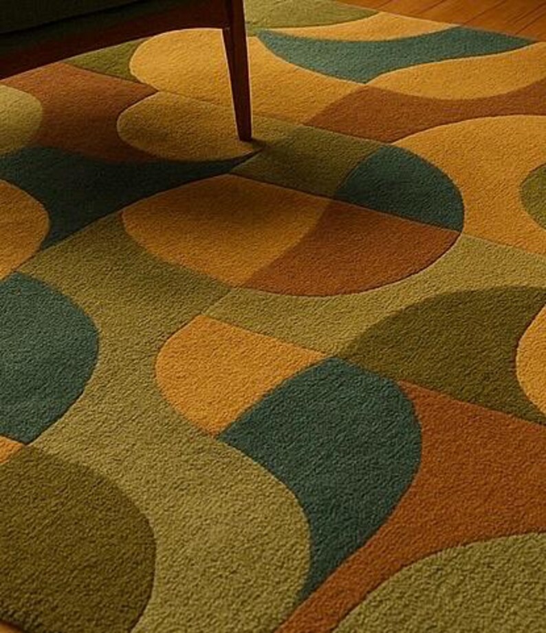 Mid Century Modern Wool Rug, Retro Geometric Area Carpet, Earthy Green ...