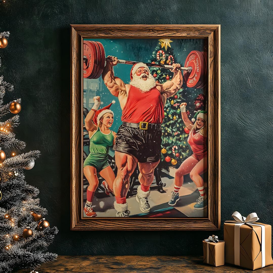 Muscle Santa Lifting Weights Christmas Art Print, Funny Gym Santa ...