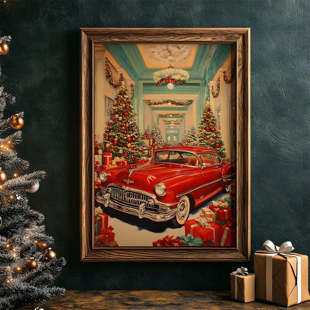 Vintage Christmas Car Art Print, Classic Red Buick Holiday Wall Decor ...