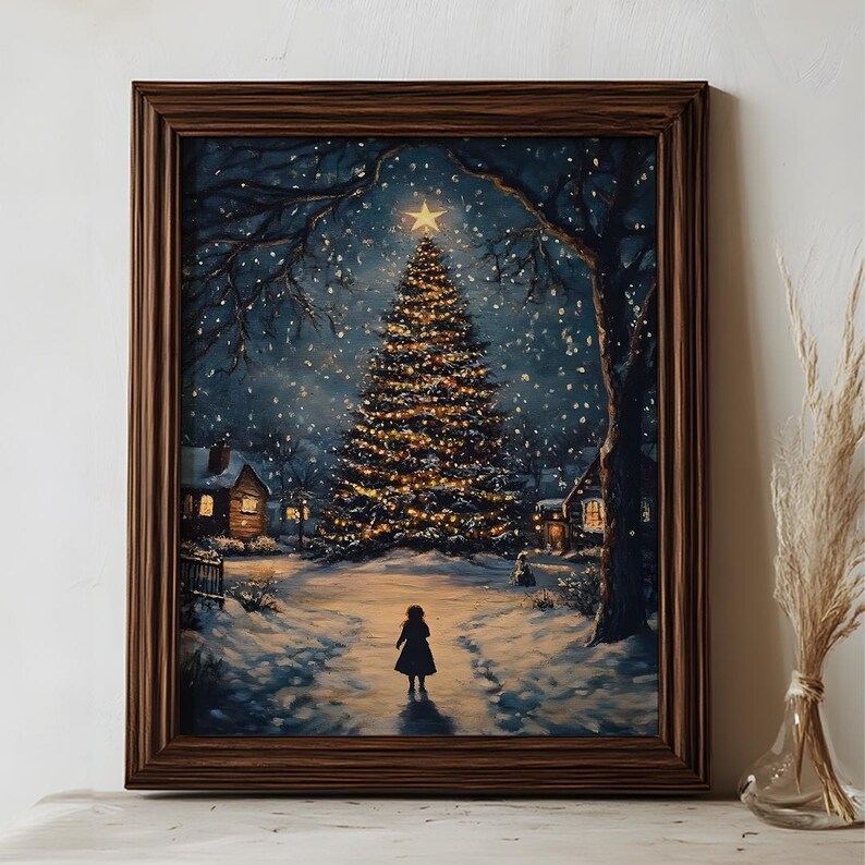 Magical Christmas Night Scene Art Print, Snowy Winter Wonderland ...