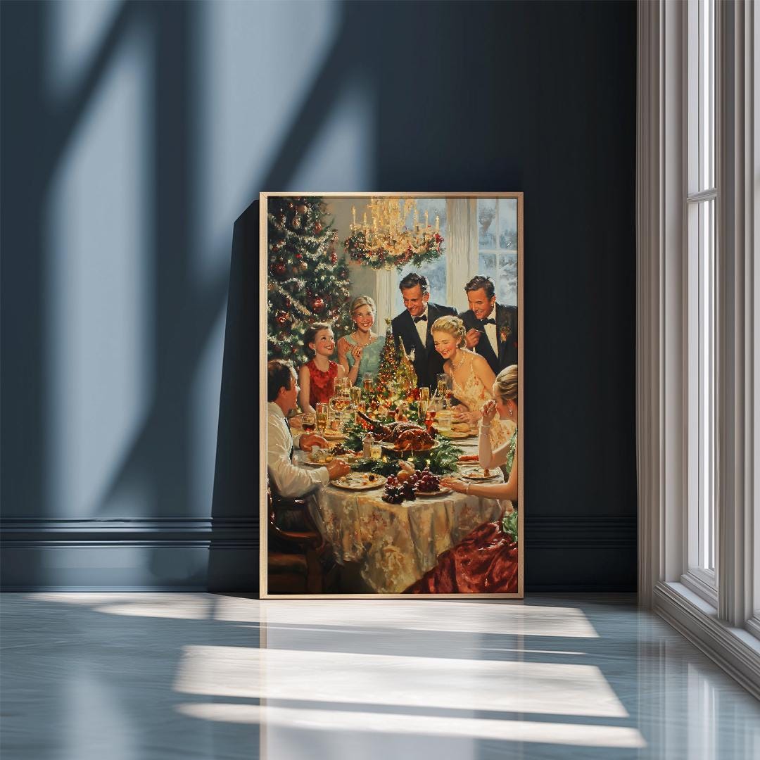 Vintage Christmas Dinner Scene Art Print, Retro Holiday Family ...