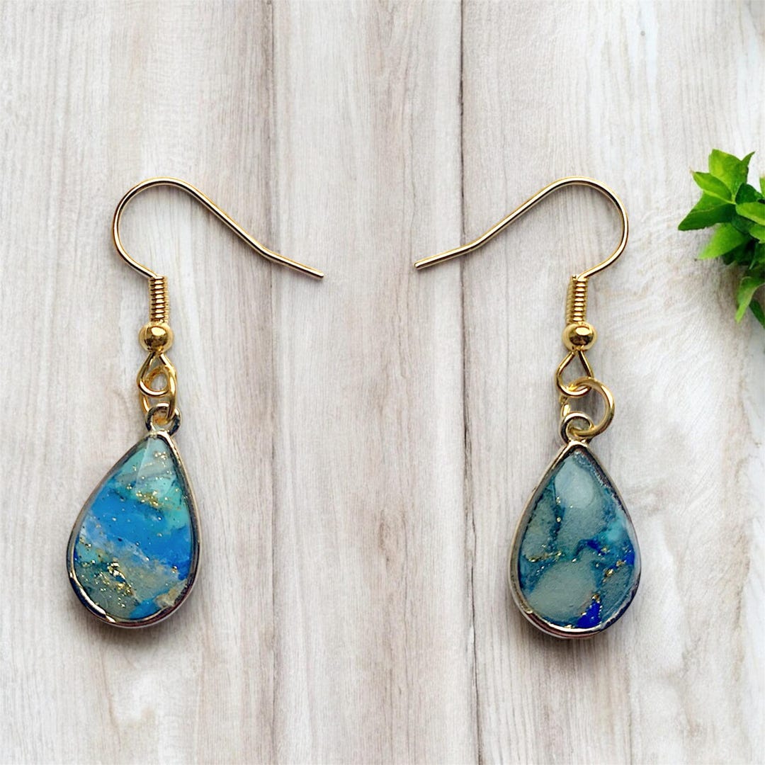 Handcrafted Blue Teal and Gold Marble Dangle Earrings Polymer Clay Earrings Unique Statement ...