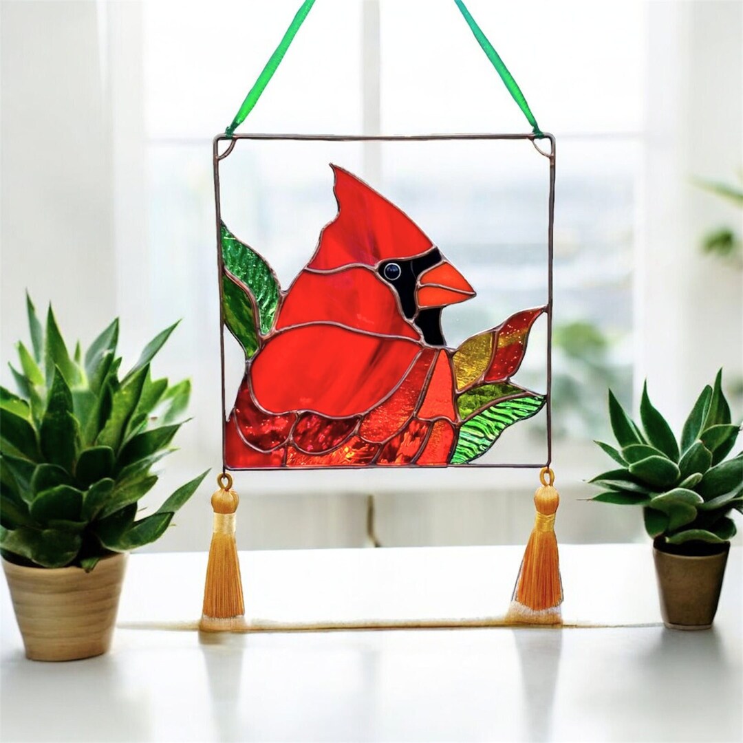 Red Cardinal Stained Glass Panel / Fathers Day Gift / Bird Stained ...