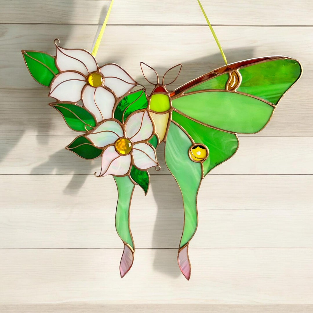 Luna Moth Stained Glass Window Hangings / Glass Wall Art / Botanical ...