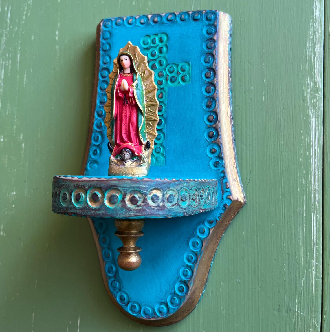 Lady of Guadalupe Wood Sconce Teal With Gold Trim Hand Made in Mexico ...