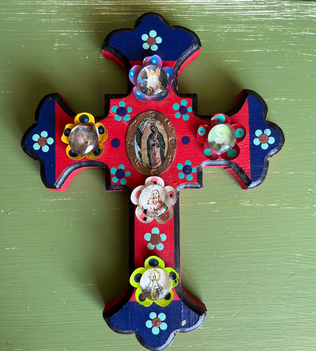Folk Art Hand Painted Wooden Cross With Our Lady of Guadalupe, Red and ...