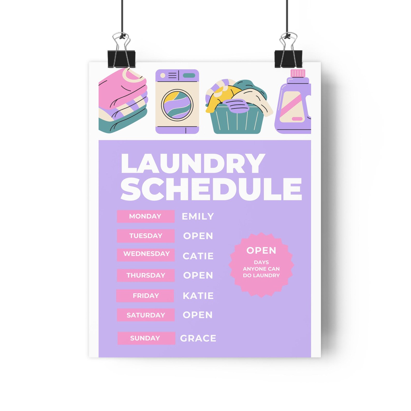 Printable Laundry Schedule Template Paper Poster, Wall Art, Home Decor ...