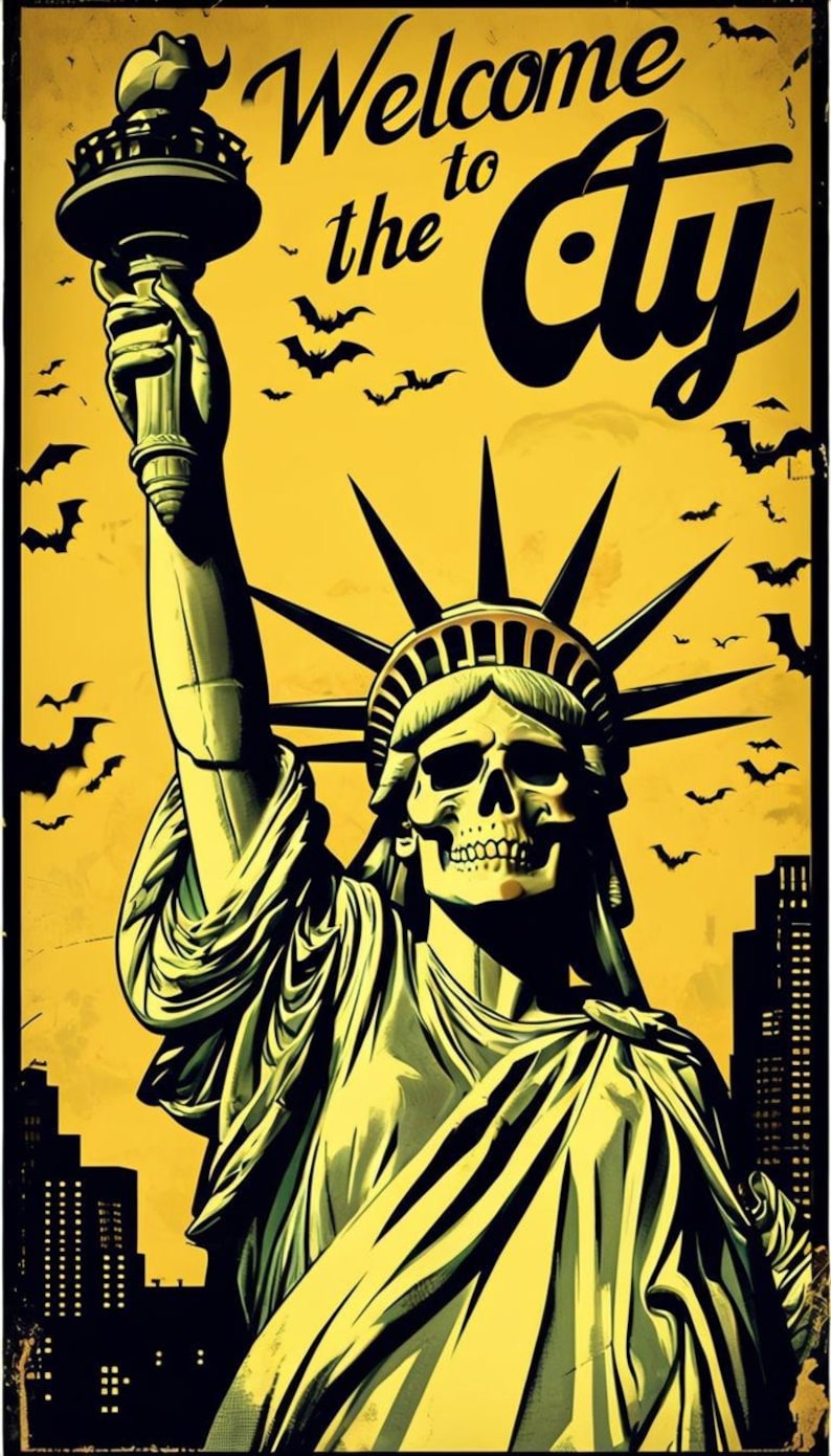Welcome to the City With Skeleton Statue of Liberty Poster - Etsy