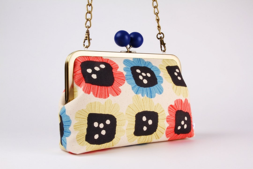 Metal Frame Bag With Shoulder Strap - Nordic Flowers on off White ...
