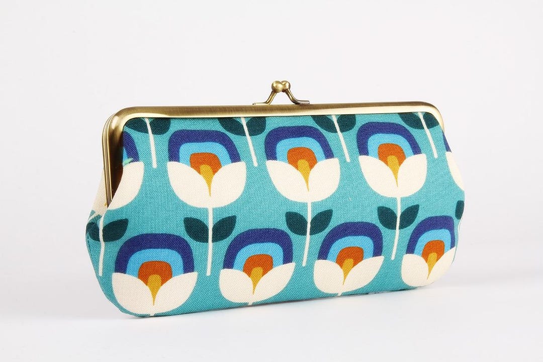 Frame Purse With Two Sections - Retro Rainbow Flowers in Blue - Wowlet ...