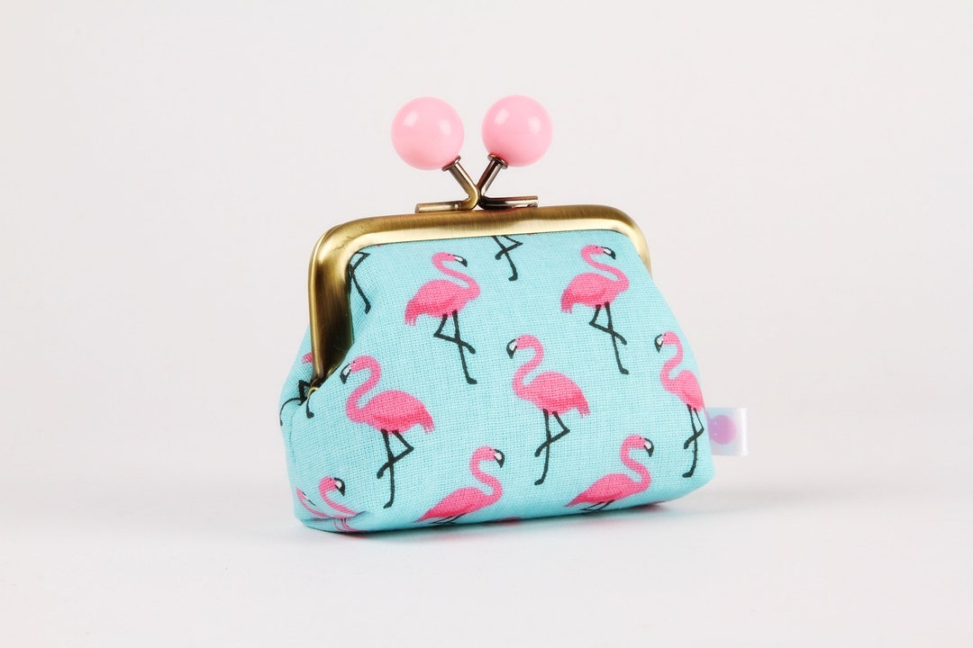 Metal Frame Coin Purse With Color Bobbles - Flamingo on Turquoise Blue ...