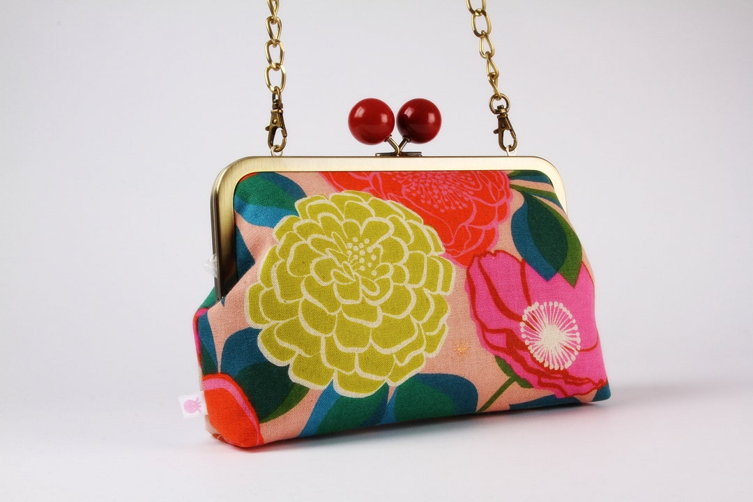 Metal Frame Bag With Shoulder Strap Shimmer Canvas in Pink - Etsy