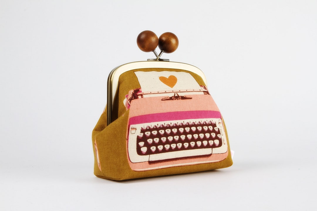 Metal Frame Clutch Bag Typewriter in Golden Yellow Color Wooden Bobble ...