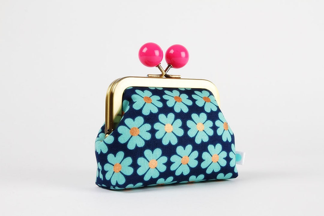 Metal Frame Coin Purse With Color Bobble - Heart Flowers in Navy ...