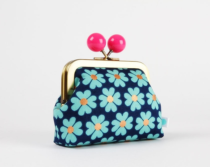 Metal Frame Coin Purse With Color Bobble Heart Flowers in Navy Color ...